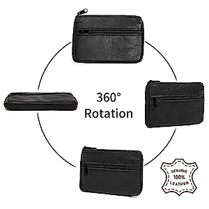 Coin Purse Pouch for Women, Genuine Leather Mini Cash Wallet with Keychain Ring Holder (Black)