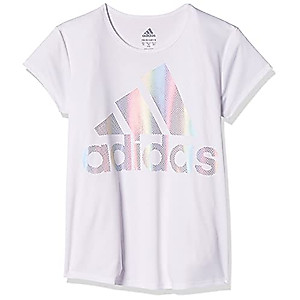 adidas Girls' Big Short Sleeve Scoop Neck Tee T-Shirt, White BOS Foil Rainbow, Large