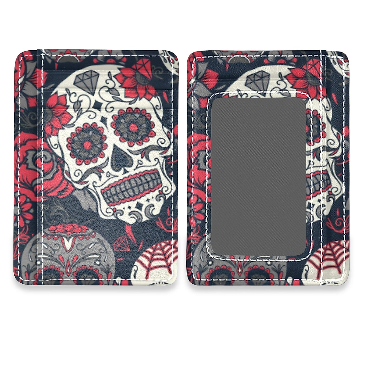 Linomo Thin leather Card Holder and Money Clip Floral Flower Sugar Skull Wallet RFID Blocking for Men & Women