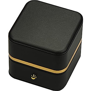 Ring Box for Wedding Proposal Engagement for Men Women Luxury Soft Touch Premium Black Color PU Leather Ring Jewelry Gift Holder Box with Elegant Gold Trim and Gold Button Design Ring Gift Box