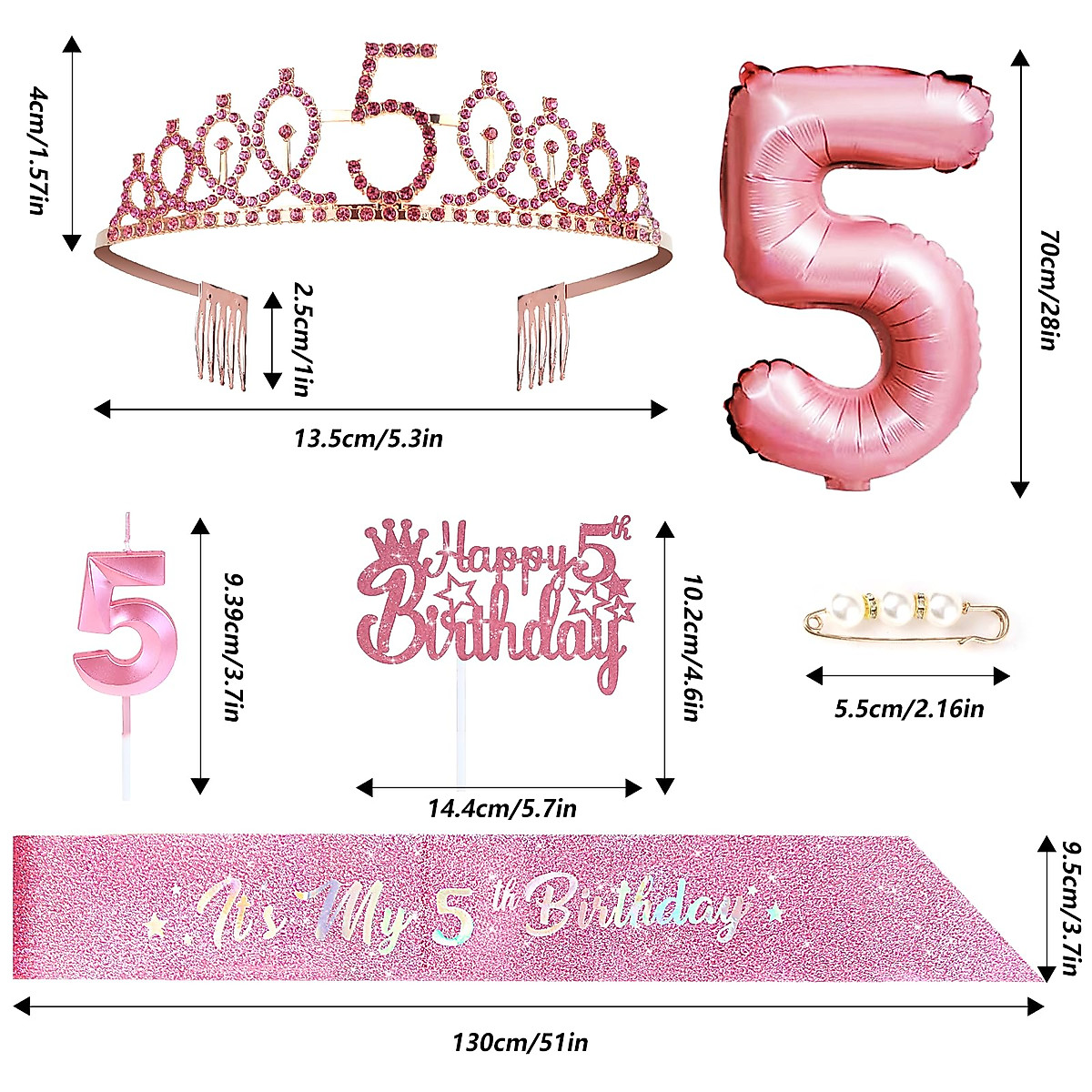 5th Pink Birthday Decorations for Girls,Including 5th Birthday Sash,Rhinestone 5th Birthday Girl Crown Tiara,Cake Topper,Number Candle ,Balloon,5 Year Old Birthday Gifts for Girl Party Favor Supplies