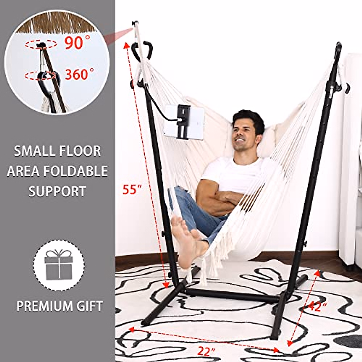 Hammock Chair with Stand and Foot pad Double Hammock Chair Bohemian Style with Tassel Mobile Phone Support manually Adjustable Swing Indoor and Outdoor Garden Porch Capacity 400 pounds