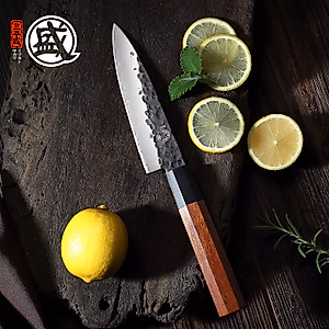 MITSUMOTO SAKARI Japanese Chef's Knife Set 4 Pcs, Professional Hand Forged Kitchen Chef Knife Set, High Carbon Ultra Sharp Cooking Chefs Knife Set (Rosewood Handle & Sandalwood Box)