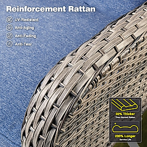 ovios 3 Pieces Patio Rocking Chairs with Side Table, Outdoor Wicker Swivel Chairs of 2, High Back Glider Chairs Rocker Set for Garden, Grey Rattan Denim Blue Cushions