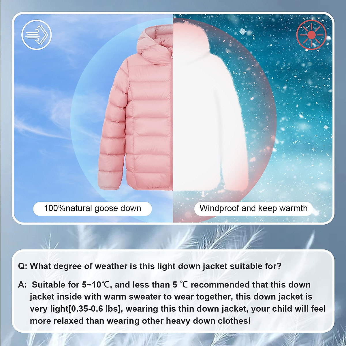 Bouclede Toddler Baby Girls Goose Down Jackets Kids Pink Puffer Jacket 750 Fill Light-Weight Water-Resistant Hooded Winter Down Coat