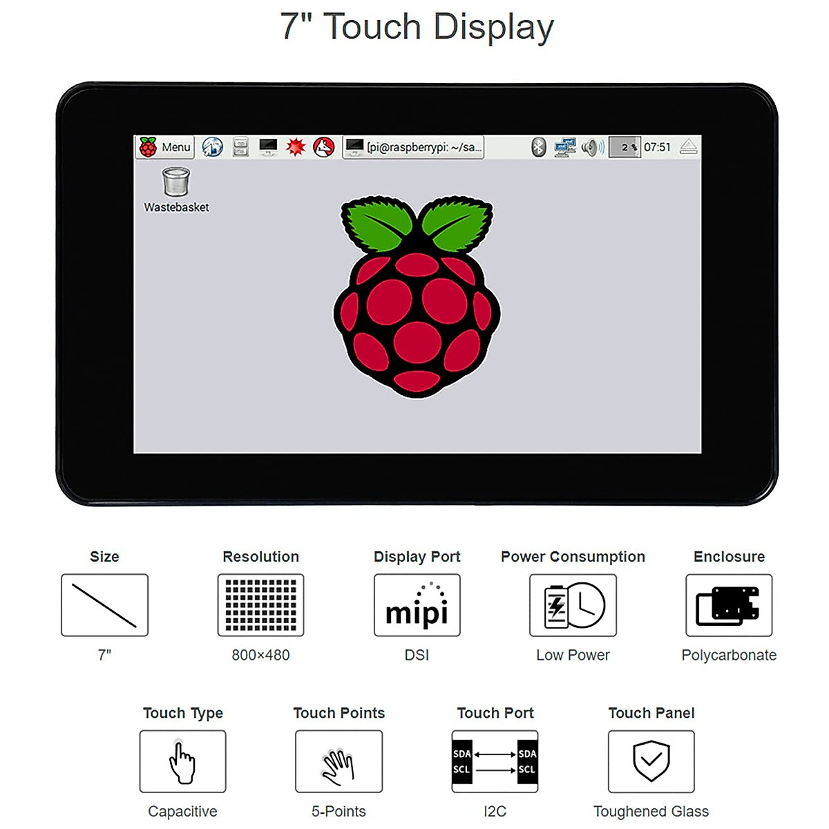 waveshare 7inch DSI Capacitive Touch Display with Protection Case for Raspberry Pi 4 Model B, 7" DSI LCD with Enclosure 800×480 Pixel, Support Ubuntu/Kali / WIN10 IoT, Single Point Touch, Driver Free