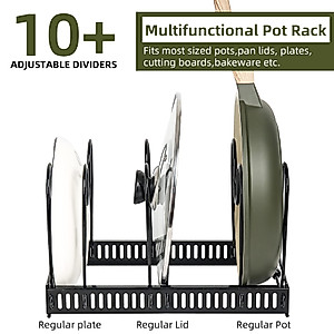 ROOHUA Pot Rack -Expandable Pan Organizer for Cabinet, Lid Holder with 10 Adjustable Compartment for Kitchen Cabinet Cookware Baking Frying Rack