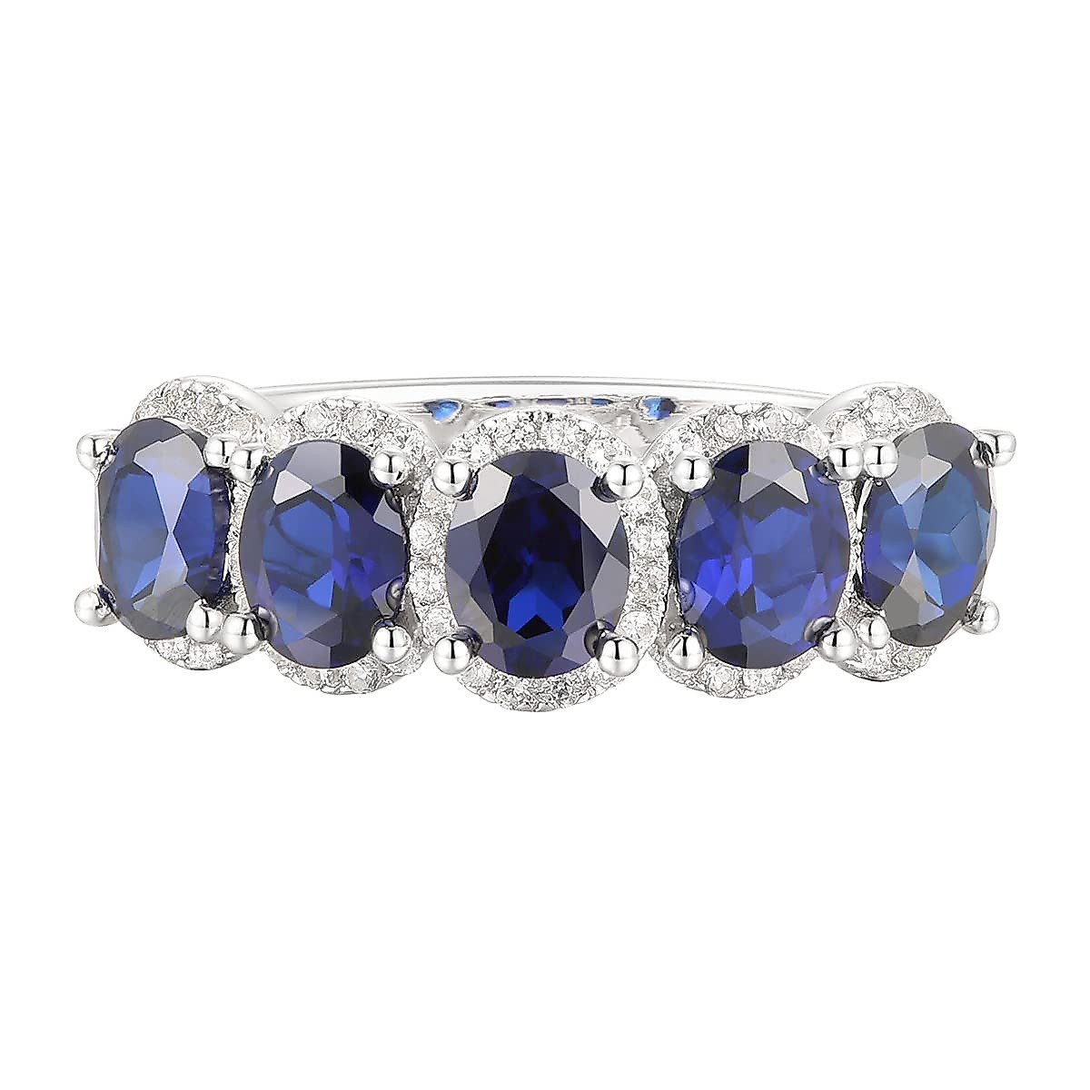 Tirafina 5-Stone Lab-Created Blue Ring with Lab-Created White Sapphires, Sterling Silver, Oval Stones (5x4 mm stone)