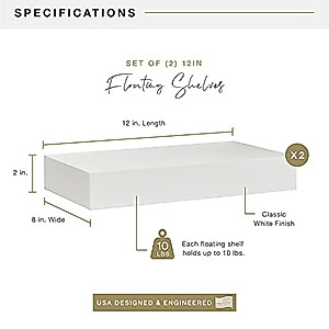 MCS Floating Shelf, Room Decor Wooden Shelf, White, 12 x 8 Inch, Set of 2