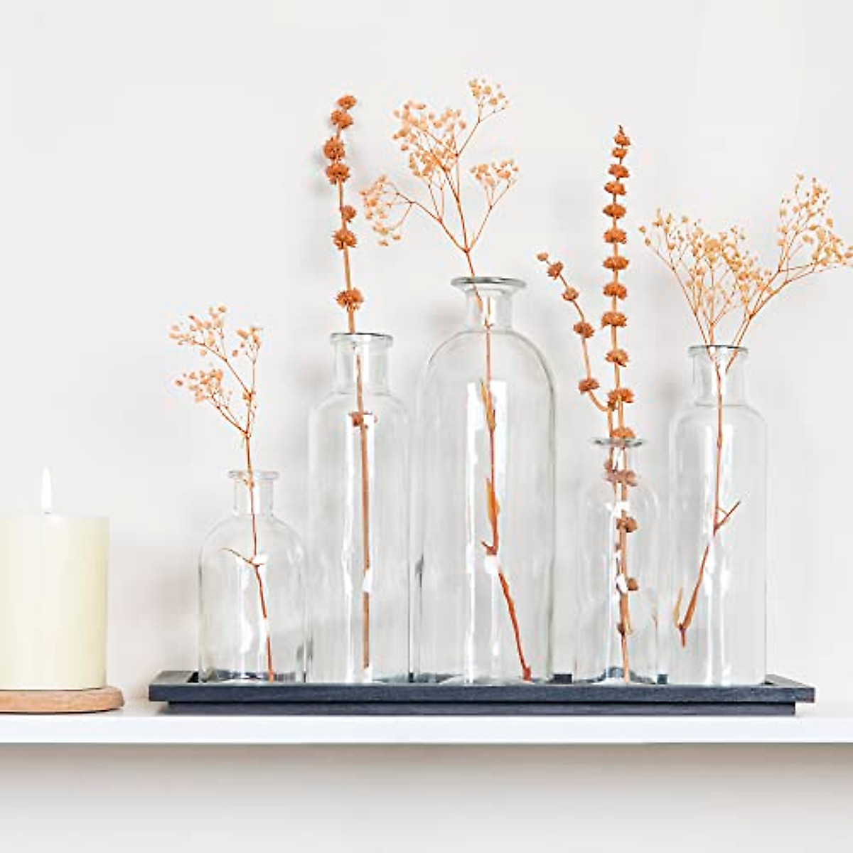 Creative Co-Op Wood Glass Bottle, Set of 5 Sizes Vase Set, Black Tray