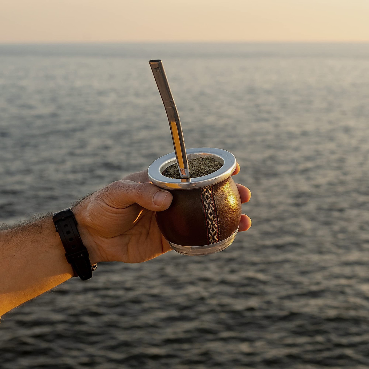 thebmate [Premium Yerba Mate Cup (Mate Gourd) - Crafted Ceramic Teacup - Brown Leather Wrapped Handmade in Uruguay - Mate Tiny - Camionero Style (Dark Brown)