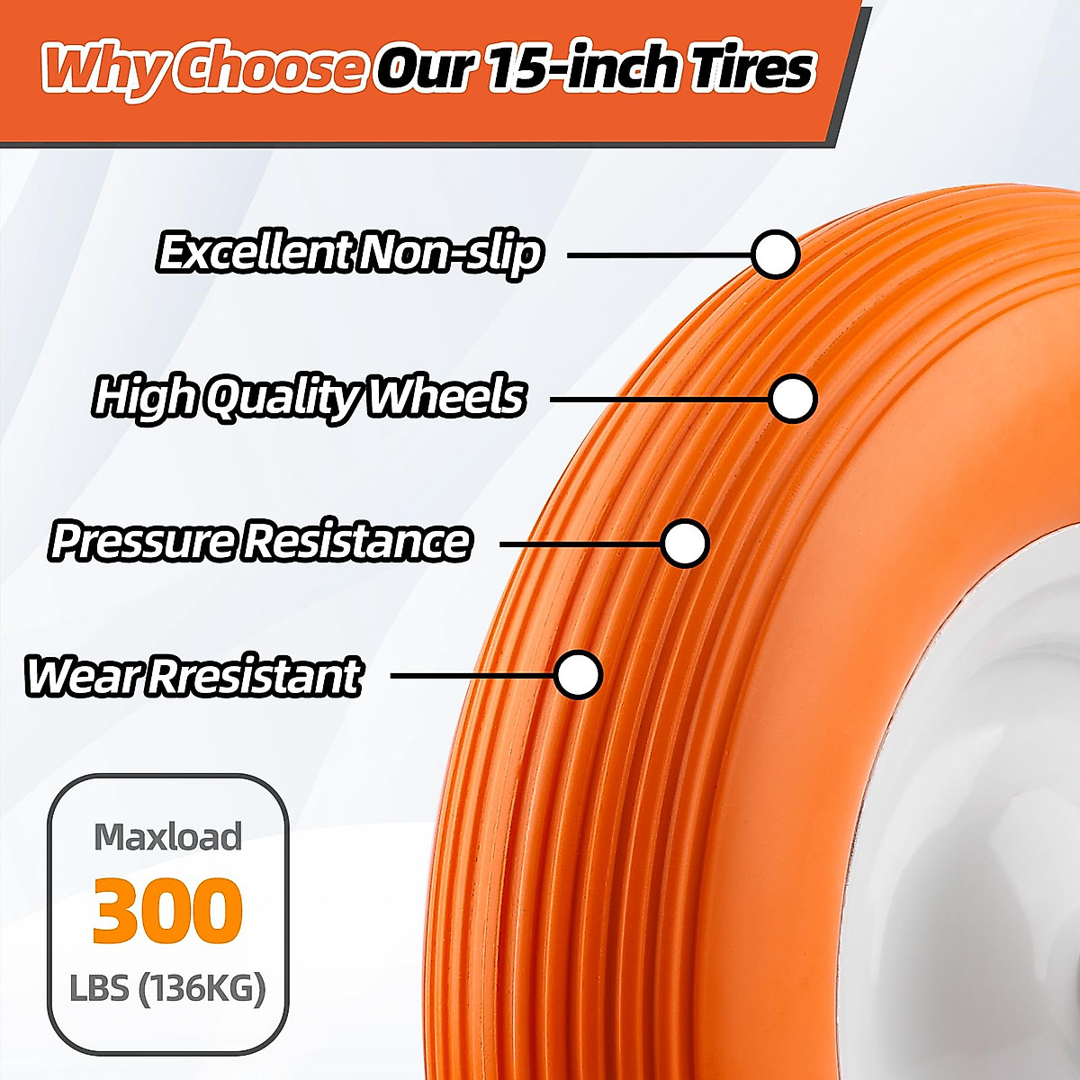 UniversalY Fit, Flat Free Wheelbarrow Tire - Fits all 5/8" OR 3/4" HUB - 5 Year Warranty