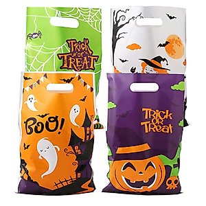 Jocomoni 100Pcs Halloween Goodie Bags Trick or Treat Bags Plastic Halloween Candy Treat Bag with Handle Gift Bag for Halloween Party Favors Supplies