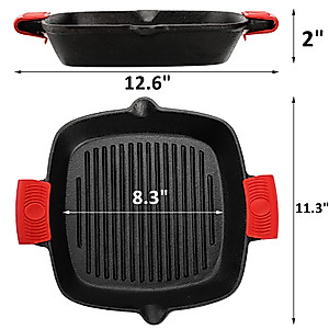ZOOFOX Cast Iron Grill Pan, 10" Square Skillet with Easy Grease Drain Spout and Two Heat Insulated Silicone Handle Cover, Pre Seasoned Grill Pan for Grilling Bacon, Steak, Meats, Camping