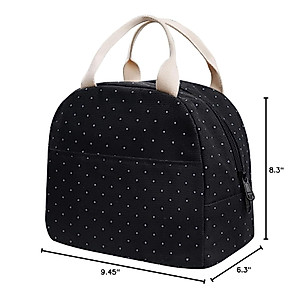 EurCross Upgraded Compact Black Lunch Bag for Girls Women,Canvas Reusable Polka Dot Lunch Tote Box Bag for Work School
