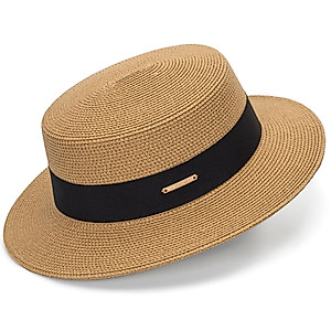Women's Wide Brim Sun Hat Straw Panama Hat - UV-Protection Summer Boater Fedora Beach-Sun-Hats(M-L)