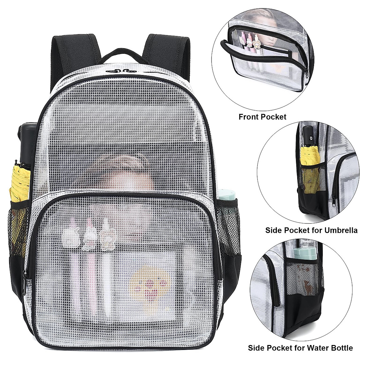 Yusudan Clear Mesh Backpack for Boys Girls Men Women, Heavy Duty See Through PVC School Bag Transparent Plastic BookBag (Black)