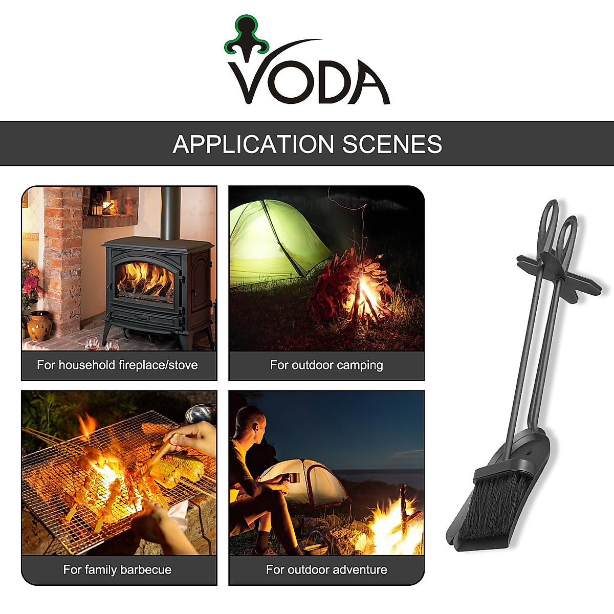 VODA Black Hearth Tidy Set Fireplace Tool Set Coal Shovel Hearth Brush Set Metal Brush Pan Set