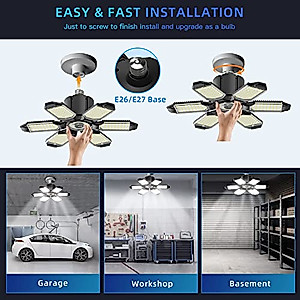 Adiding LED Garage Ceiling Light - 2 Packs Adjustable 20000lm Bright LED Basement Light 6 Deformable Panels 6500K Shop Lights Screw in E26 E27 Bulb Socket for Workshop Storage Room Warehouse Attic