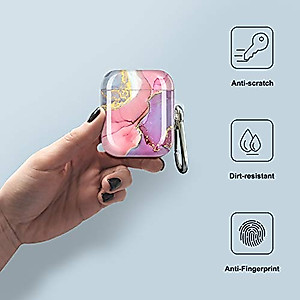 JIAXIUFEN AirPods Case Cover Gold Sparkle Glitter Marble Design Cute Full Protective Silicone TPU Skin Accessories for Women Girl with Keychain for AirPods 2 & 1 Charging Case - Pink Purple