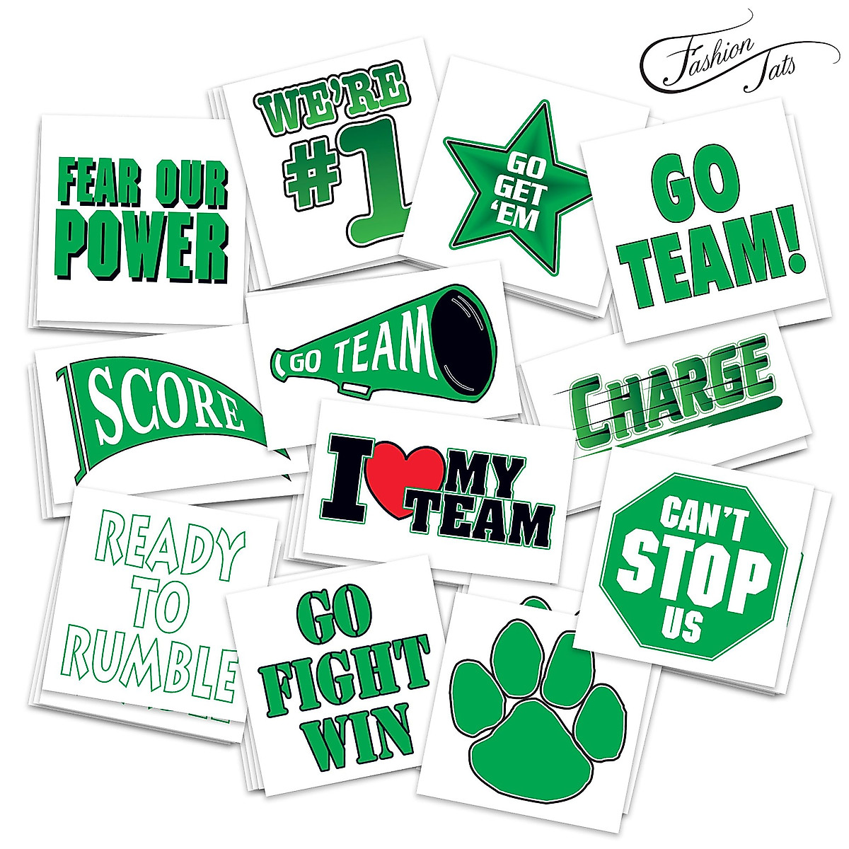 FashionTats Team Spirit Temporary Tattoos | Pack of 48 | MADE IN THE USA | Skin Safe | Removable (Green)