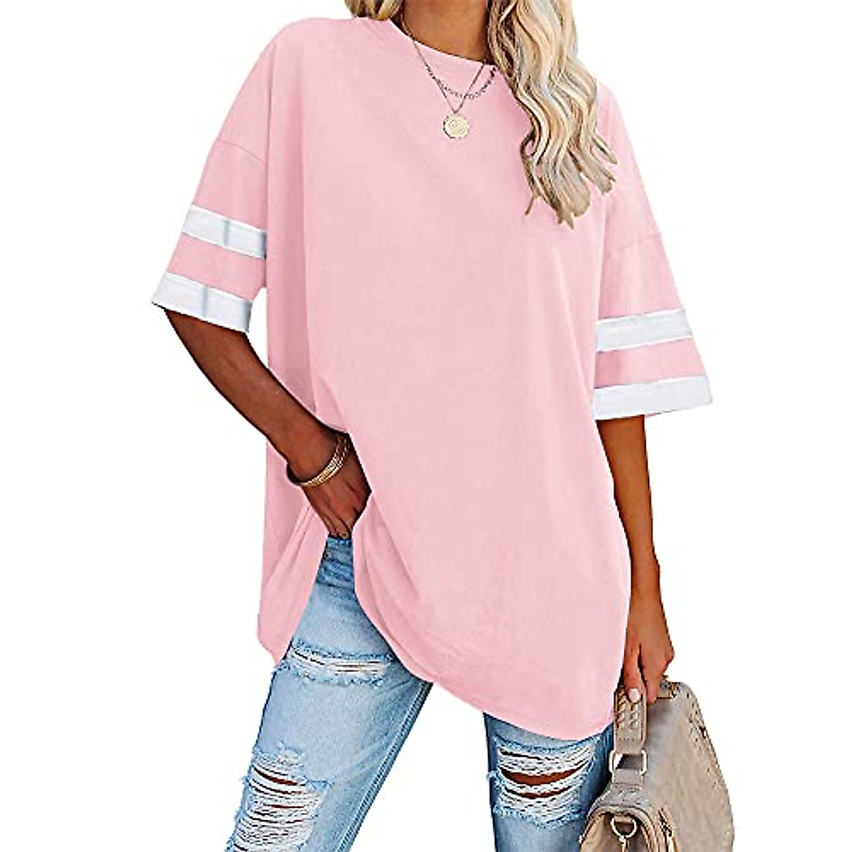 Fisoew Womens Oversized Tees Loose T Shirts Half Sleeve Crew Neck Color Block Cotton Tunic Tops Pink