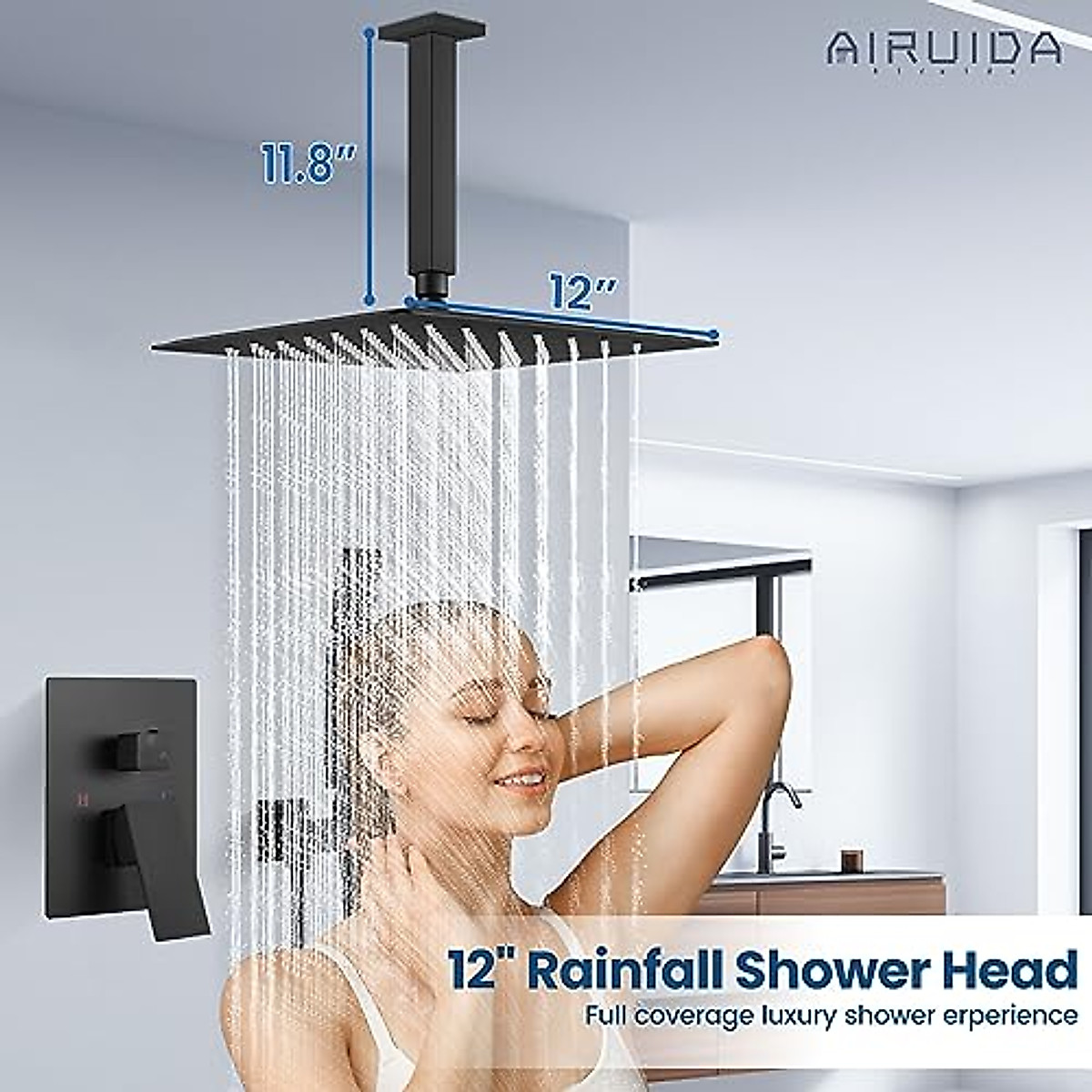 Airuida Matte Black 12 Inch Rainfall Shower System, Ceiling Mount Shower Faucet, Bathroom Shower Fixture with SUS304 Ultra-thin Rainfall Shower Head, Brass Handheld Shower Mixer with Rough-in Valve