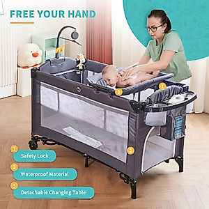 MOOITZ Baby Bassinet Bedside Crib, 6-in-1 Pack and Play with Bassinet, 4 Height Adjustable Bedside Crib, Newborn Portable Bassinet with Wheels, U-Shaped Diaper Table, Music Box & Hanging Toys