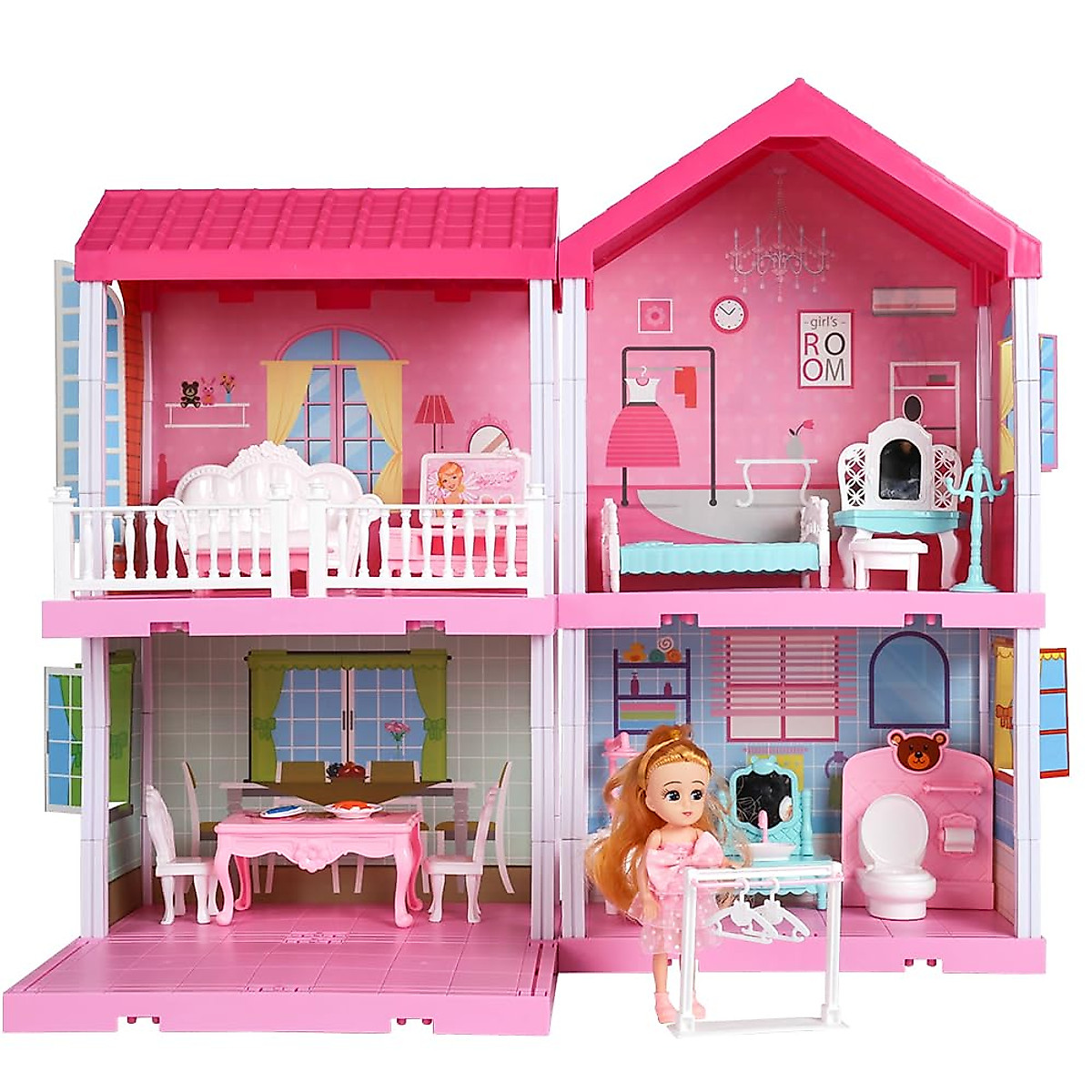 TEMI Villa Toys for 3 4 5 6 7 8 Years Old Girls - 2 Storeys 4 Rooms, Indoor Playset with 2 Dolls Toy Figures, Toys Furniture and Accessories, Pretend Girls Plays, Building Toys, Gifts Toy