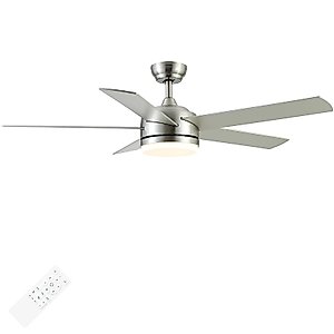 YUHAO 52 inch Brushed Nickel Ceiling Fan with Lights and Remote Control,Dimmable 3 Color temperatures LED,6 Speed Reversible DC Motor,5 Blades Modern Ceiling Fan for Indoor or Covered Outdoor