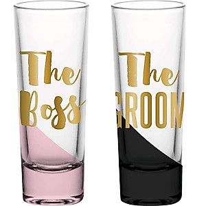 Engagement Shot Glass Sets for Couples and Gay Couples Toast, I Do Me Too and The Boss The Groom Shooters, Wedding and Engagement Gifts for Couples Newly Engaged, 2 Sets