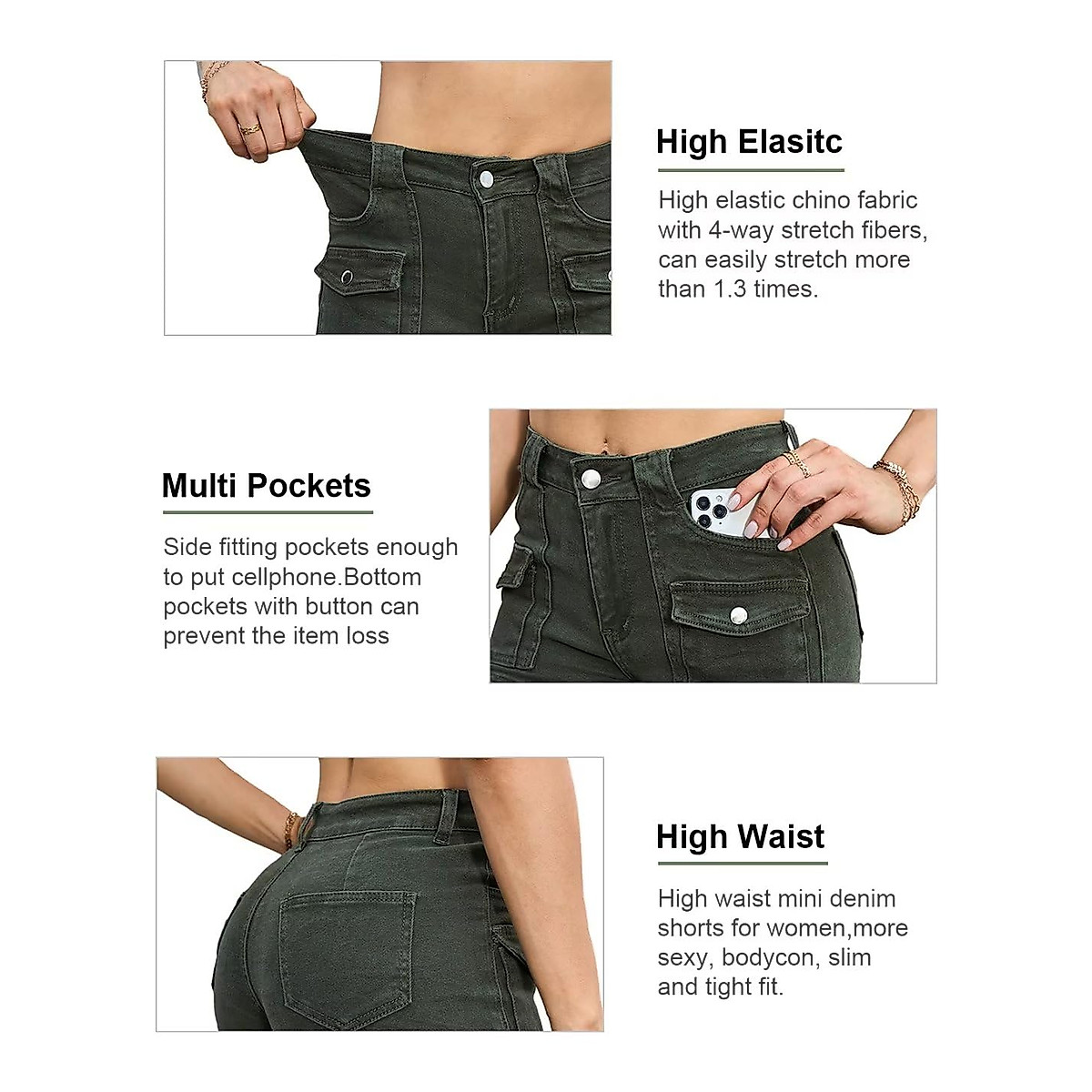 Aotasely Women's Casual Junior Denim Shorts Stretchy Mid Rise Jean Shorts with Pockets Party ClubNight Army Green XL