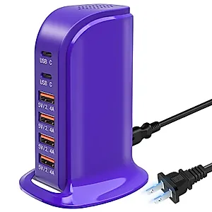 𝟮𝟬𝟮𝟯 𝗡𝗲𝘄 USB Charger Block RISWOJOR, 40W 6-Port USB Charging Station with Auto Detect Technology Safety, USB Multiport Charger Tower with Type-C 3A for Smartphone Tablet and Multiple Devices