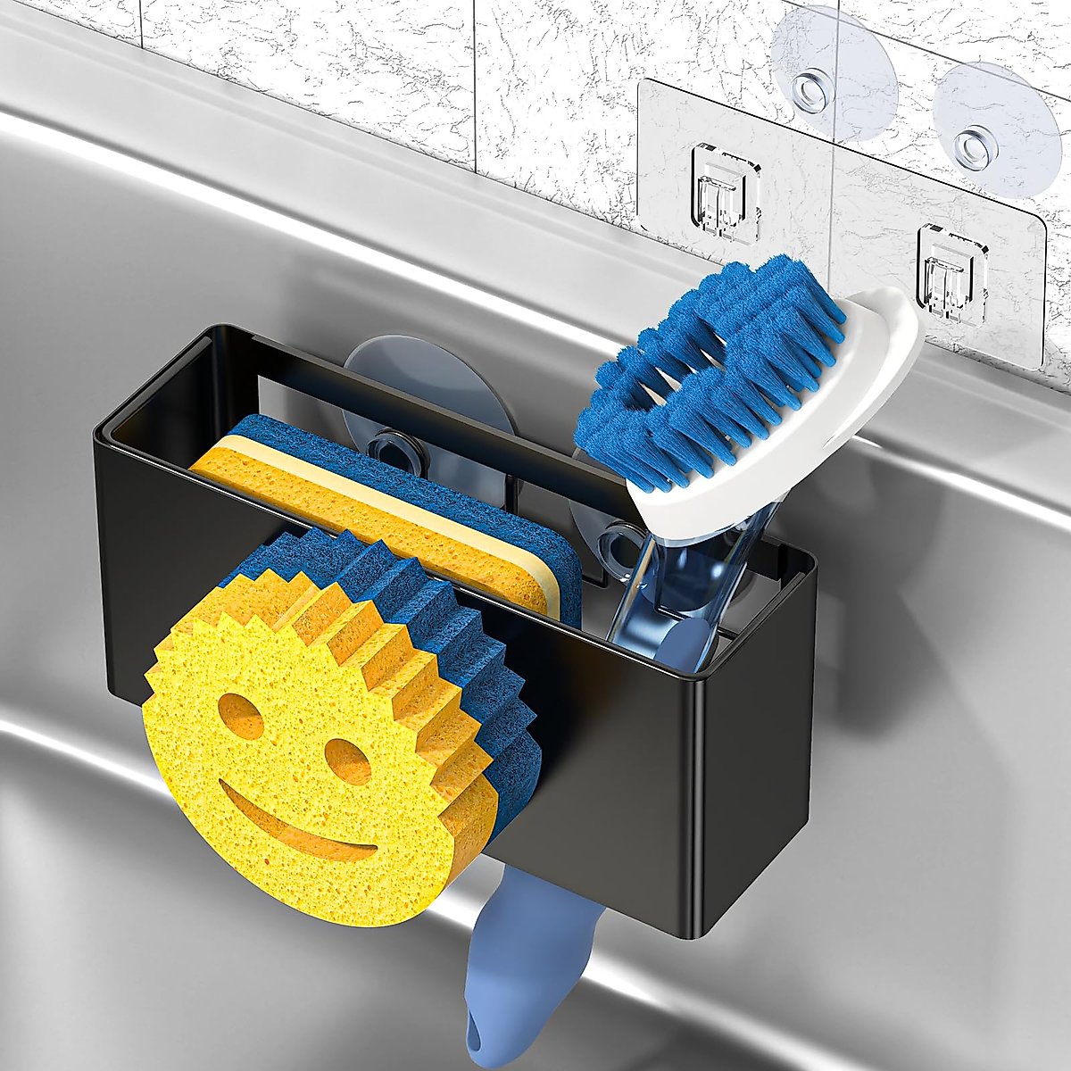 Utobao Sponge Holder, Smiley Face Kitchen Sink Caddy for Kitchen Sink, Sink Brush Holder for Holding Smiling Face Scrubber, Soap, Dish Brush,2 Installation Ways (Suction Cups & Adhesive Hook)-Black