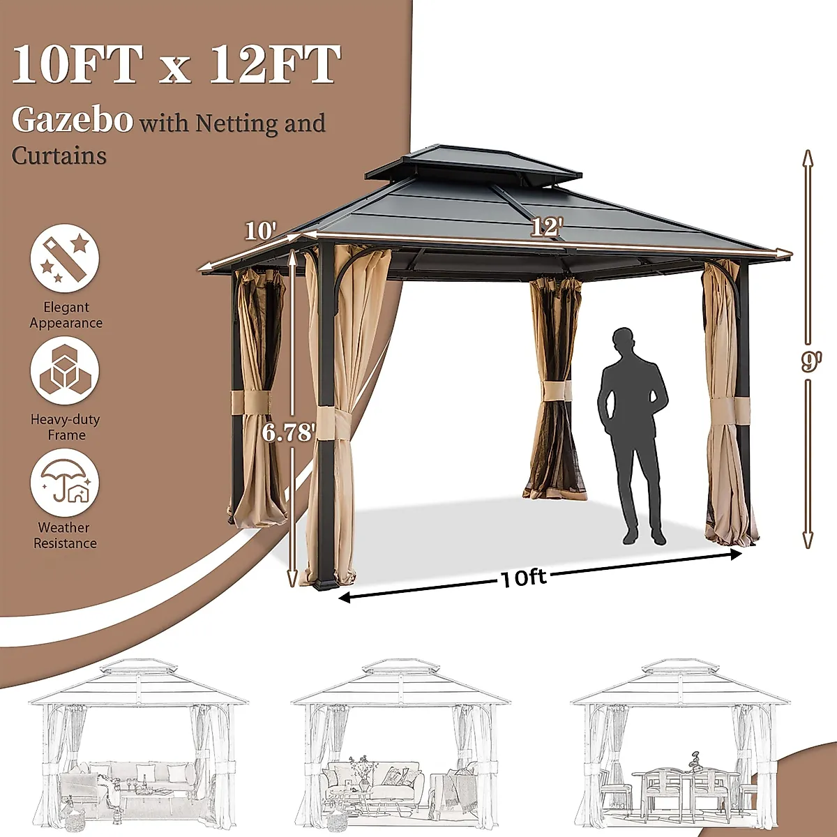 Metal Gazebo 10' x 12' W/Double Steel Roof, Permanent Anti-Rust Coating Iron Hardtop Outdoor Gazebo w/Curtains and Netting for Patio Backyard Garden Lawn Deck, w/Hook Design