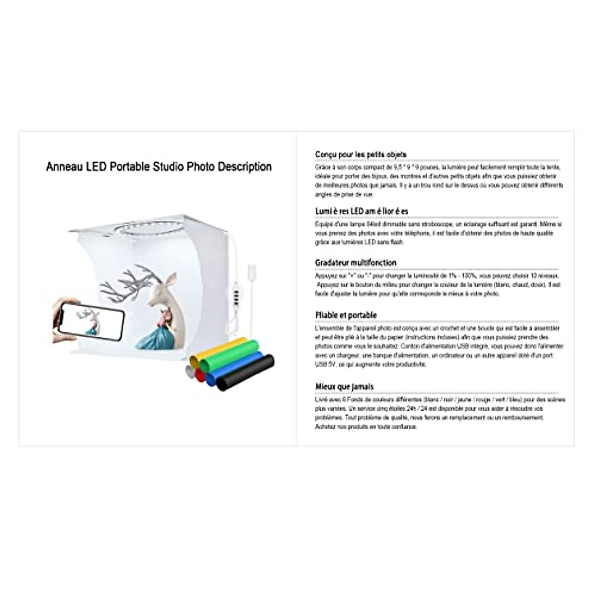 Photo Studio Light Box,Photo Shooting Tent kit,Portable Folding Home Photography Light Tent kit with White/Warm/Soft Lighting + 6 Color Backgrounds for Jewellery,Accessories,Toys and Small Items