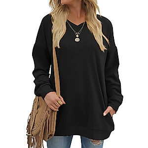 OFEEFAN Oversized Sweatshirts for Women V Neck Long Sleeve Pocket Tops Black XXL
