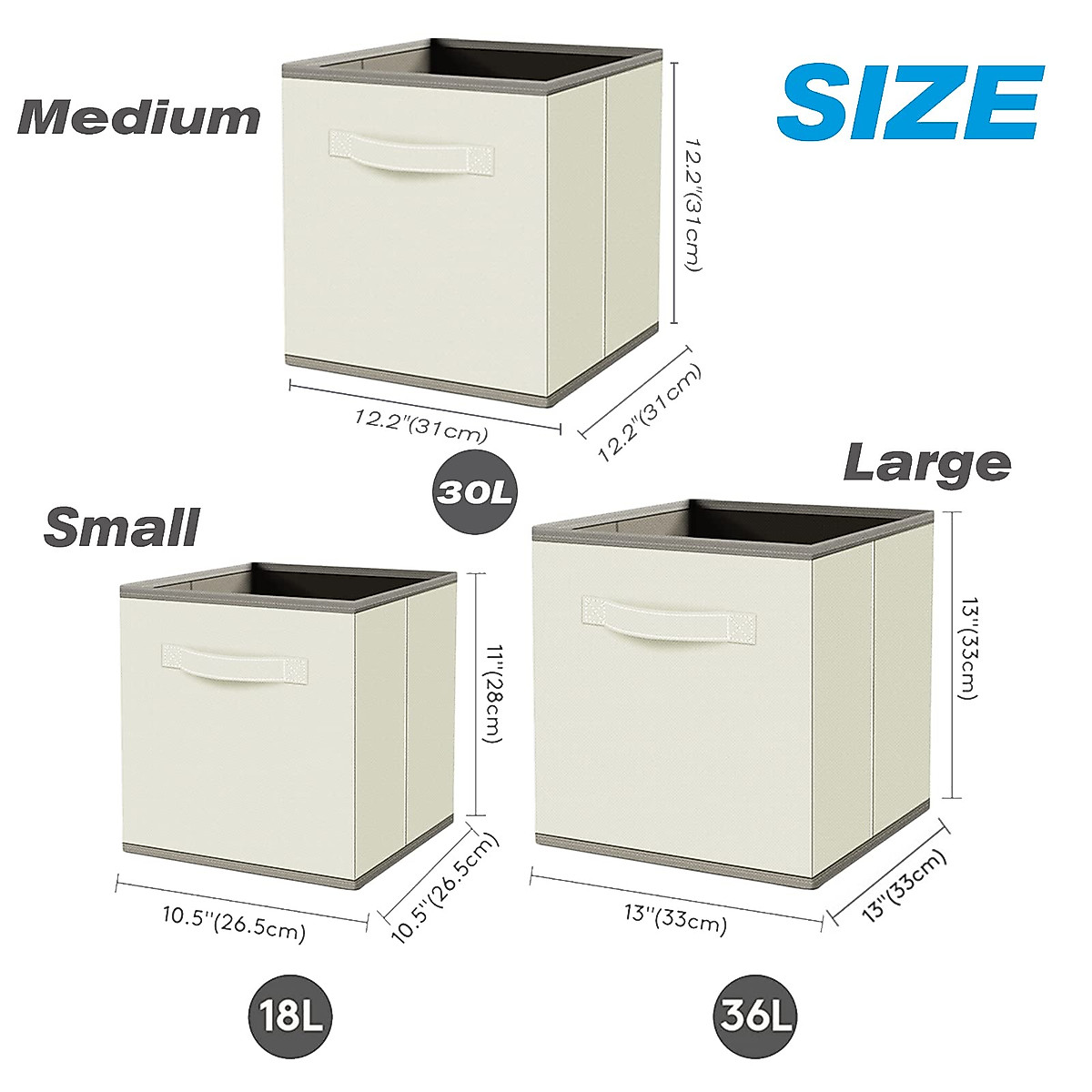 FAYYGYH Foldable Fabric Cube Storage Bins with Handles - Set of 3 Storage Box, Kids Toy Storage Organizer Boxes for Boys, Girls, Nursery Room, Playroom, Closet (Beige)
