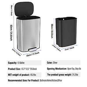 Fulocseny Oval Pedal Trash Can, 13 Gallon/50L, Soft-Close Silent Lid and 30 Garbage Bags, Stainless Steel Thickened Body Garbage Can for Kitchen, Commercial, Office, Living Room - Silver