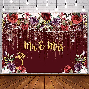 SENDY 7x5ft Burgundy Floral Mr & Mrs Backdrop Engagement Party Decorations for Couples Wedding Bride and Groom Engaged Ceremony Anniversary Bridal Shower Banner Gold Photography Background Photo Props