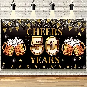 Cheers to 50 Years Backdrop Banner, Happy 50th Birthday Decorations for Men Women, 50th Anniversary Decorations, 50th Reunion, Black Gold 50 Years Celebration Party Decor, Vicycaty (6.1ft x 3.6ft）