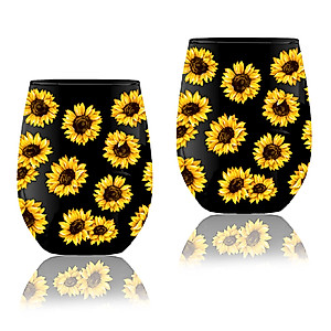 Whaline 2Pcs Sunflower Stemless Wine Glasses 17oz Black Yellow Sunflower Drinking Glasses Summer Flower Print Tumbler Cups Floral Party Cups for Summer Party Supplies Kitchen Decorations Gifts