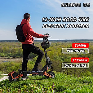 ANDBEE Electric Scooter Adult, 12-inch Road Tires with Seat Sports Scooter, 5000W Dual Motor High Power Dual Drive 50MPH, 48V35AH Range 75Miles Removable with Password Lock Battery Electric Scooter
