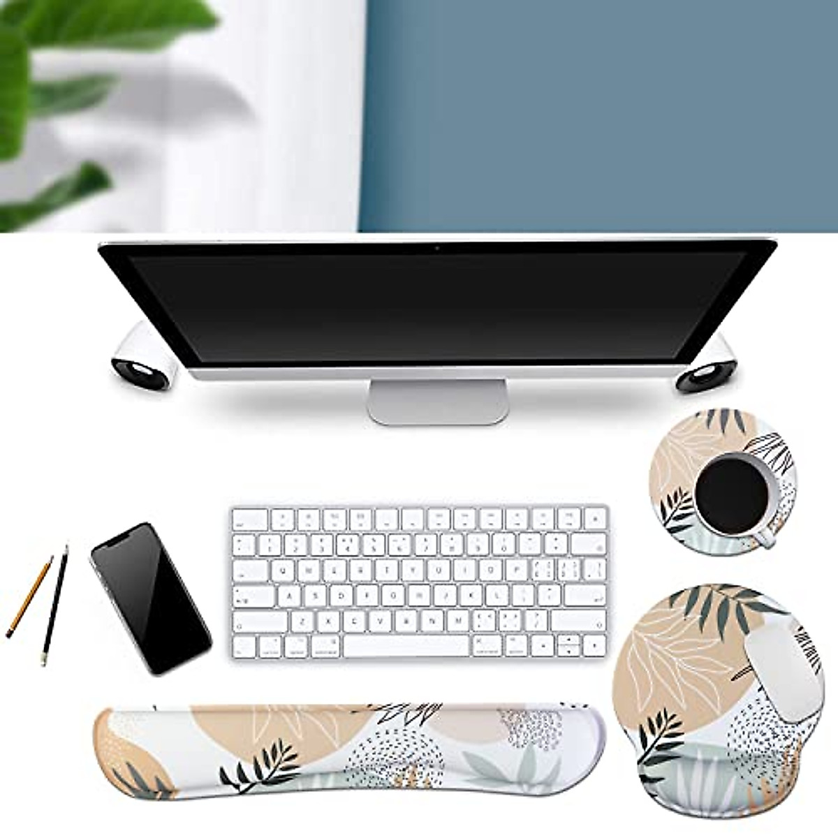 iLeadon Mouse Pad Wrist Support Keyboard Wrist Rest Set, Ergonomic Mouse Pad with Non-Slip Base for Computer Home Office + Coasters, Easy Typing & Pain Relief Mouse Mat, Tropical Leaves