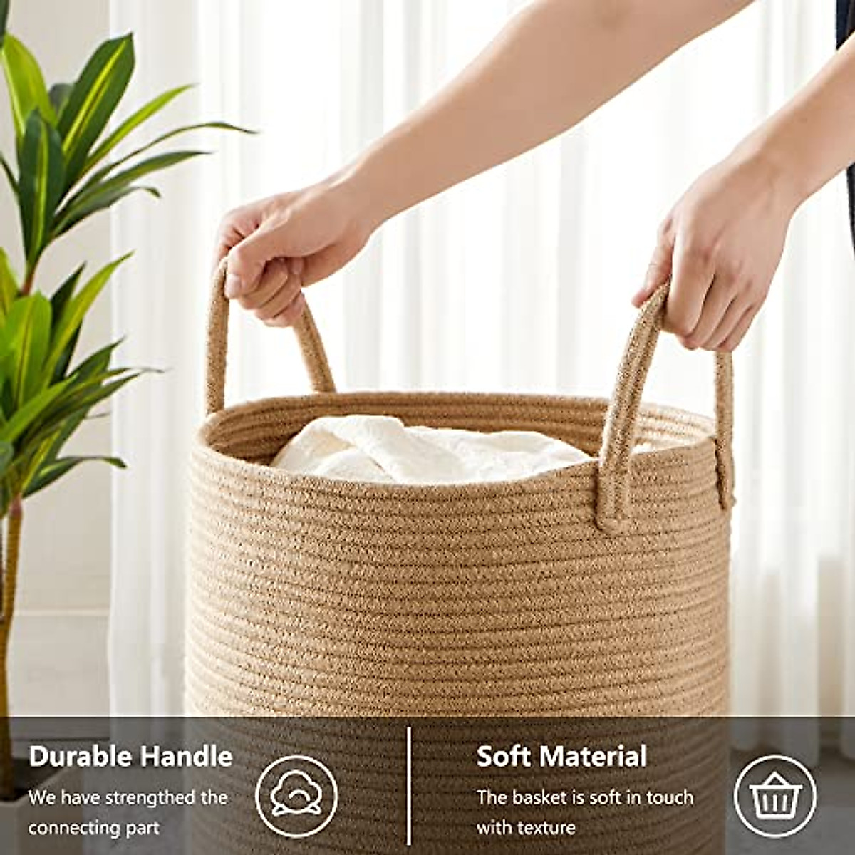 MOJOSCEND Jute Laundry Hamper Basket, 15Dx20H inches Tall Woven Rope Storage Basket for Blanket, Large Clothes Hamper for Bedroom, Baby Nursery Kids Laundry Basket Organizer