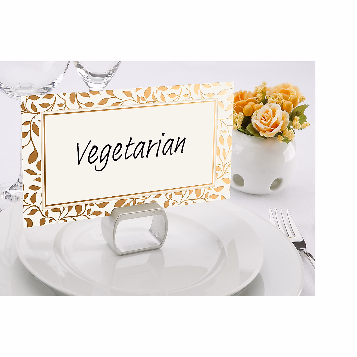 Better Office Products 100 Pack Place Cards, 2 x 3.5 in, White with Metallic Gold Leaf Foil Border, Folded Table Tent Cards for Weddings, Dinner Parties, Buffet Banquets,(100 Count)