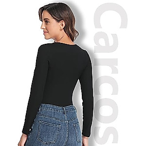 CARCOS Women's Casual Tops Sexy V Neck Long Sleeve Pullover Underwear Tee Slim Fit Basic Shirts Black L