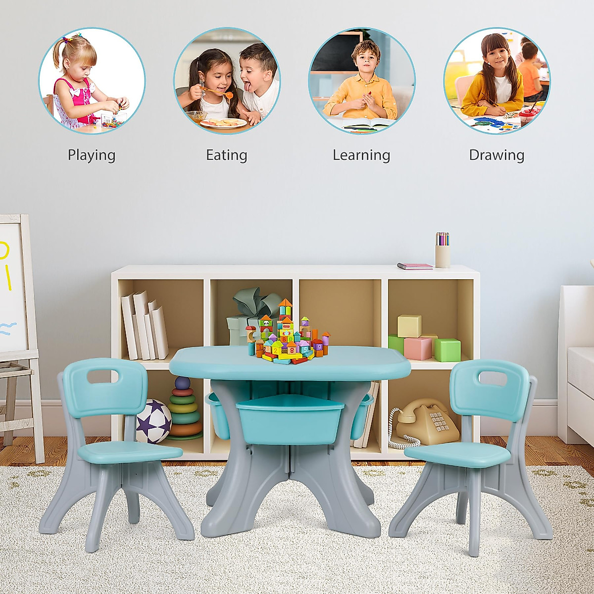 Nova Microdermabrasion Kids Table and 2 Chair Set, 3 in 1 Children Activity Table with Storage for Reading, Train, Art, Crafts