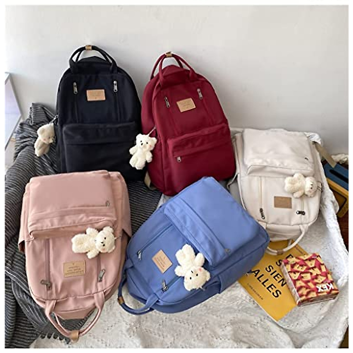 MININAI Preppy Backpack with Plushies Cute Backpack Light Academia College Backpack Solid Aesthetic Rucksack for Travel (One Size,Black)