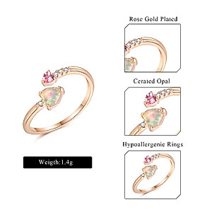 Larsidor 14K Rose Gold Plated Adjustable Heart Opal Ring for Women Ladies Stacking Rings Pink Fire Opal Jewelry